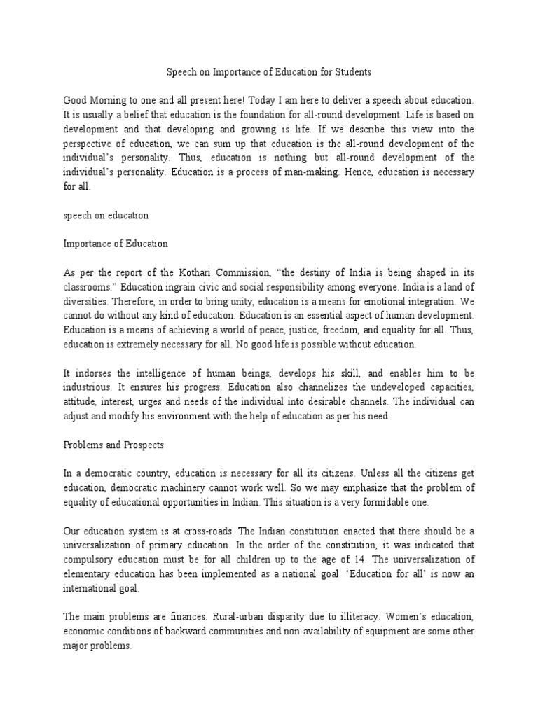 Speech On Importance of Education For Students | PDF