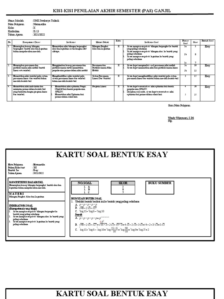 Kisi-Kisi Dan Kartu Soal Kelas X | PDF