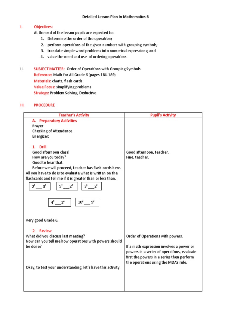 Detailed Lesson Plan in Mathematics 6 (1) | PDF | Bracket | Flashcard