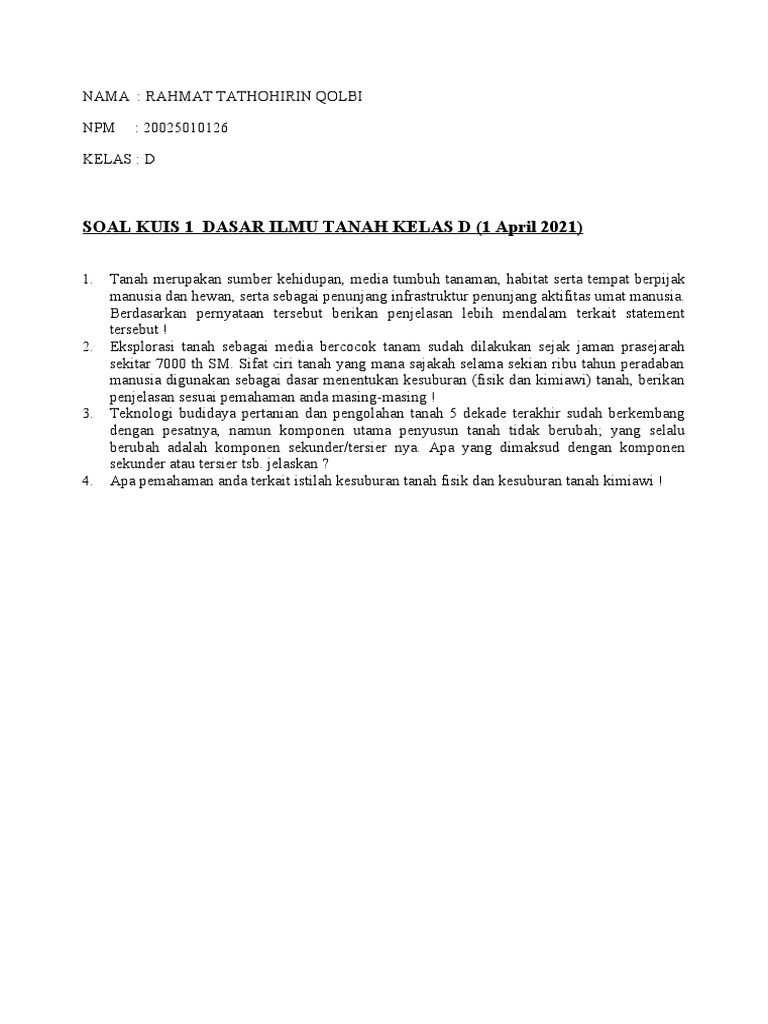 Rahmat Tathohirin Qolbi - 126 - Soal Kuis 1 DIT | PDF