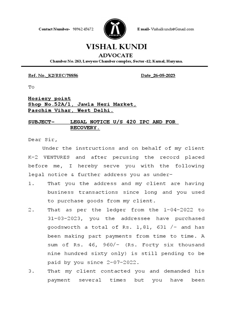 LEGAL NOTICE Hosiery Point | PDF | Common Law | Justice