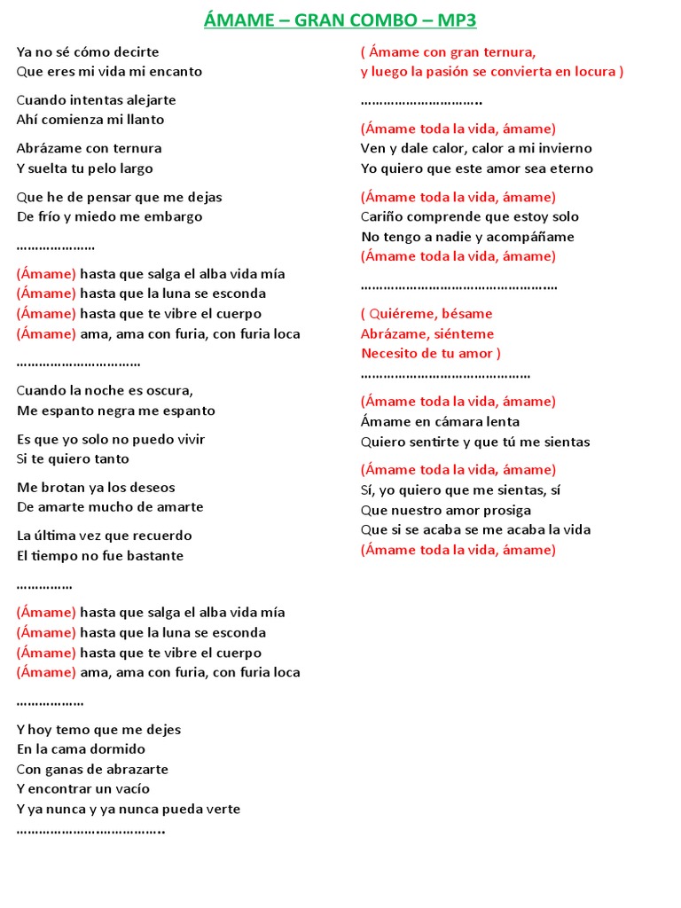 Ámame: Letra del Gran Combo | PDF | Arte | Poesía