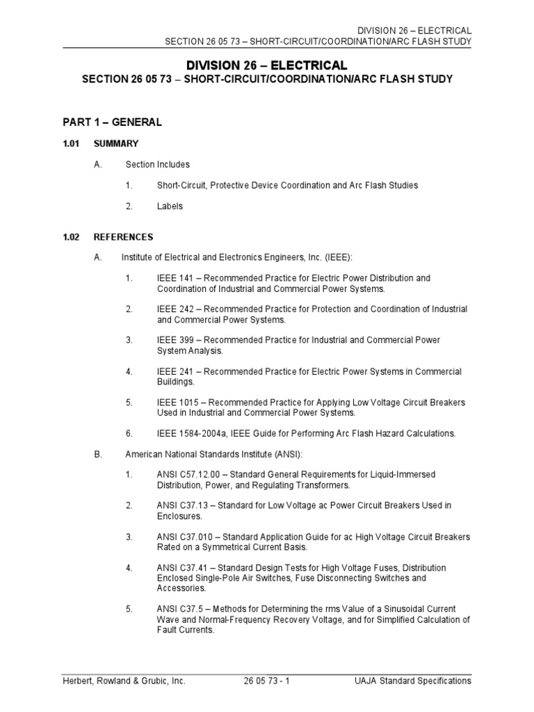 26 05 73 - Short-Circuit Coordination Arc Flash Study | PDF | Fuse (Electrical) | Transformer