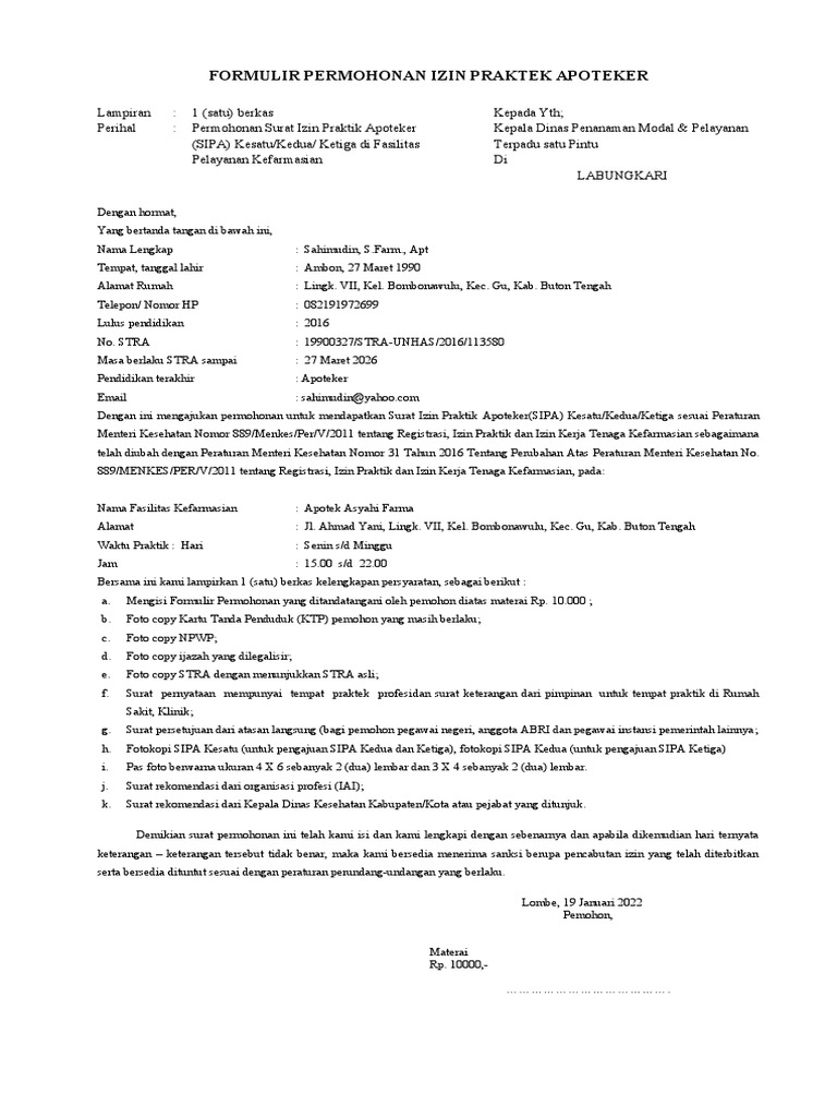 Formulir Permohonan Izin Praktik Apoteker_SIPA | PDF