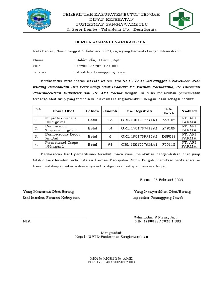 Berita Acara Penarikan Obat | PDF