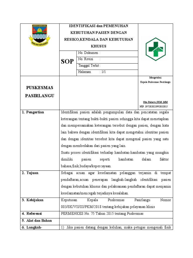 SOP IDENTIFIKASI Dan PEMENUHAN KEBUTUHAN PASIEN DENGAN RESIKO, KENDALA DAN KEBUTUHAN KHUSUS | PDF