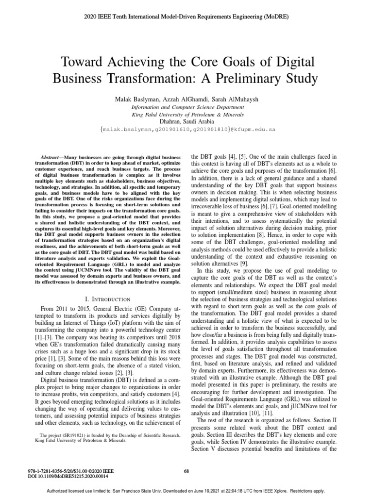 Toward Achieving The Core Goals of Digital Business Transformation - A ...