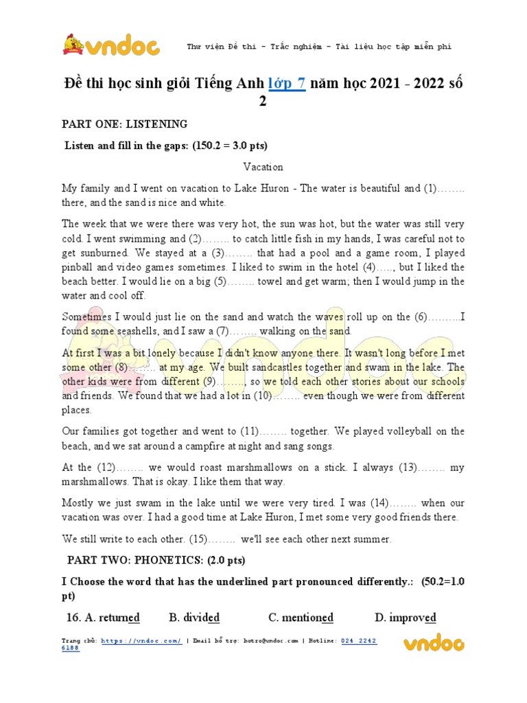 De Thi Hoc Sinh Gioi Tieng Anh Lop 7 Nam Hoc 2021 2022 So 2 | PDF | Linguistics | Syntax