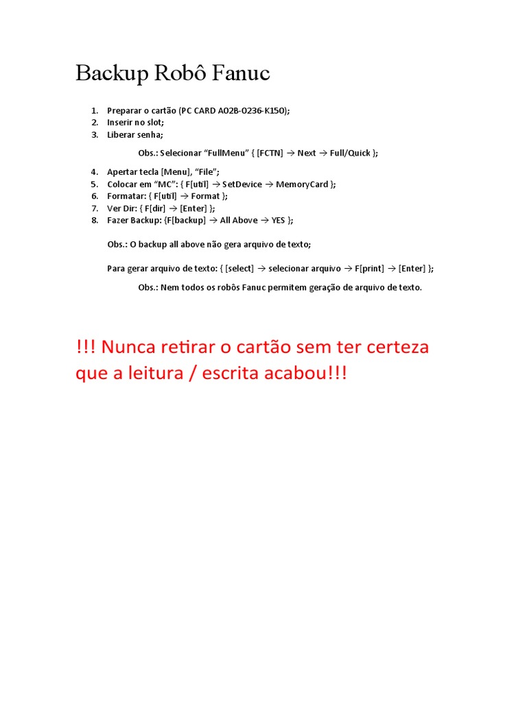 Procedimento para Backup Robô Fanuc | PDF