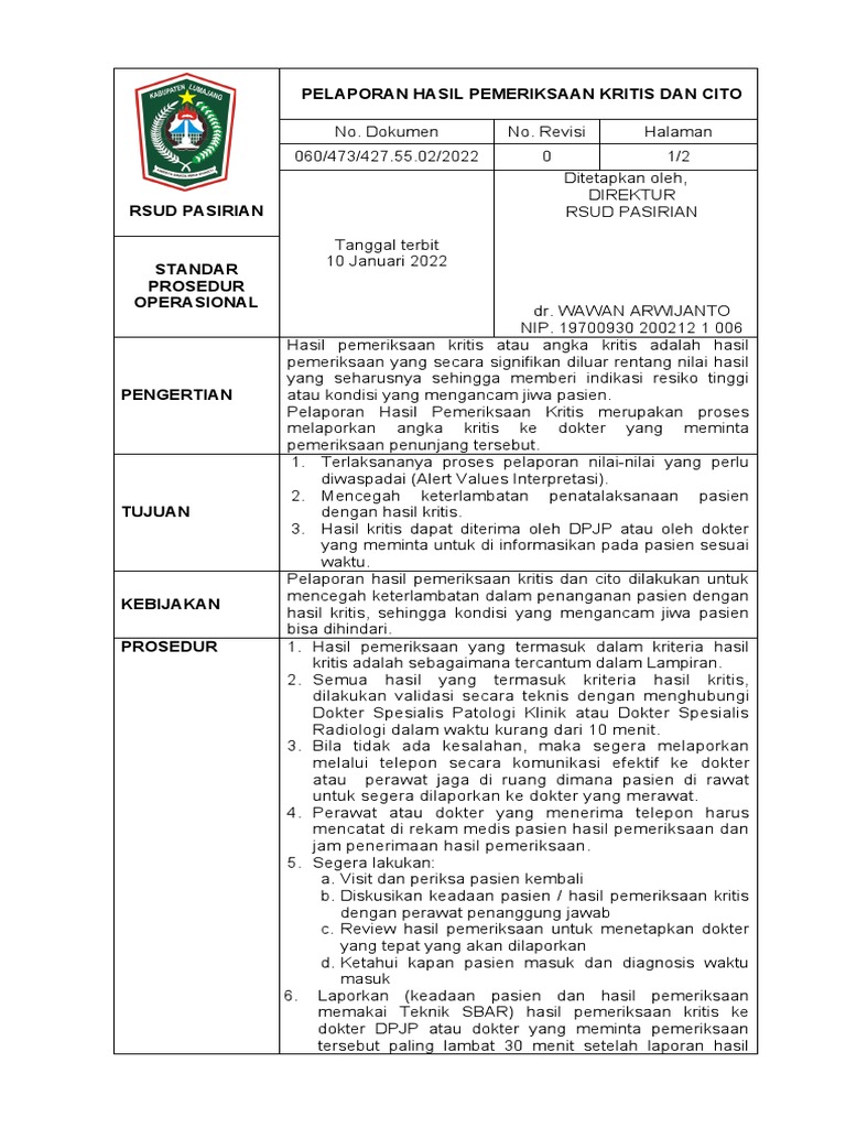 Spo Pelaporan Kritis Dan Cito | PDF | Sains & Matematika | Teknologi ...