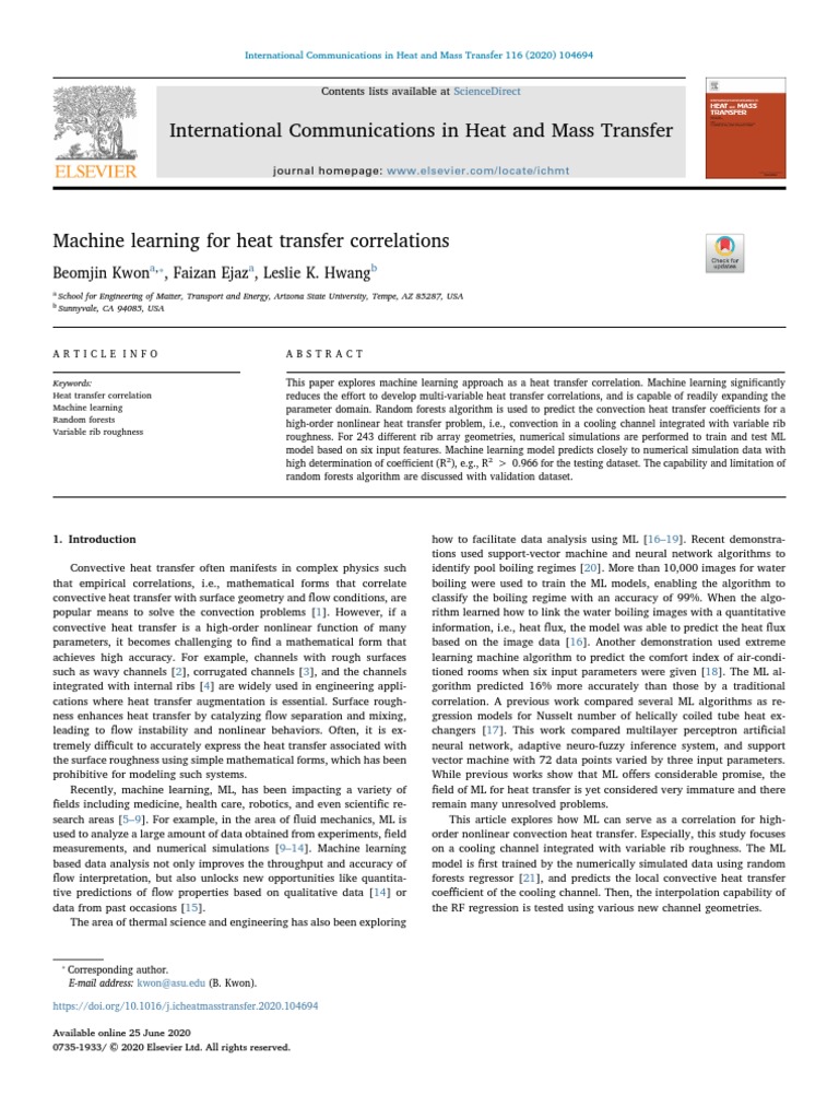 (2020), Kwon Et Al., Machine Learning For Heat Transfer Correlations | Download Free PDF ...