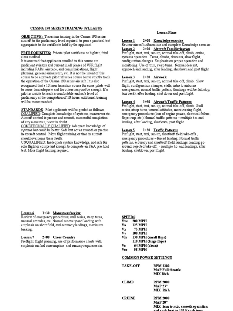 Cessna 190 Series Training Syllabus | PDF | Takeoff | Flap (Aeronautics)