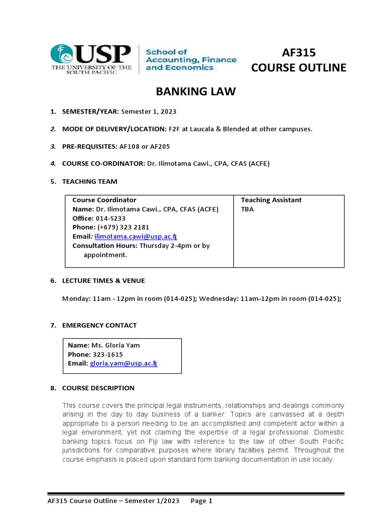 AF315 Course Outline - S12023 | PDF | Banks | Risk