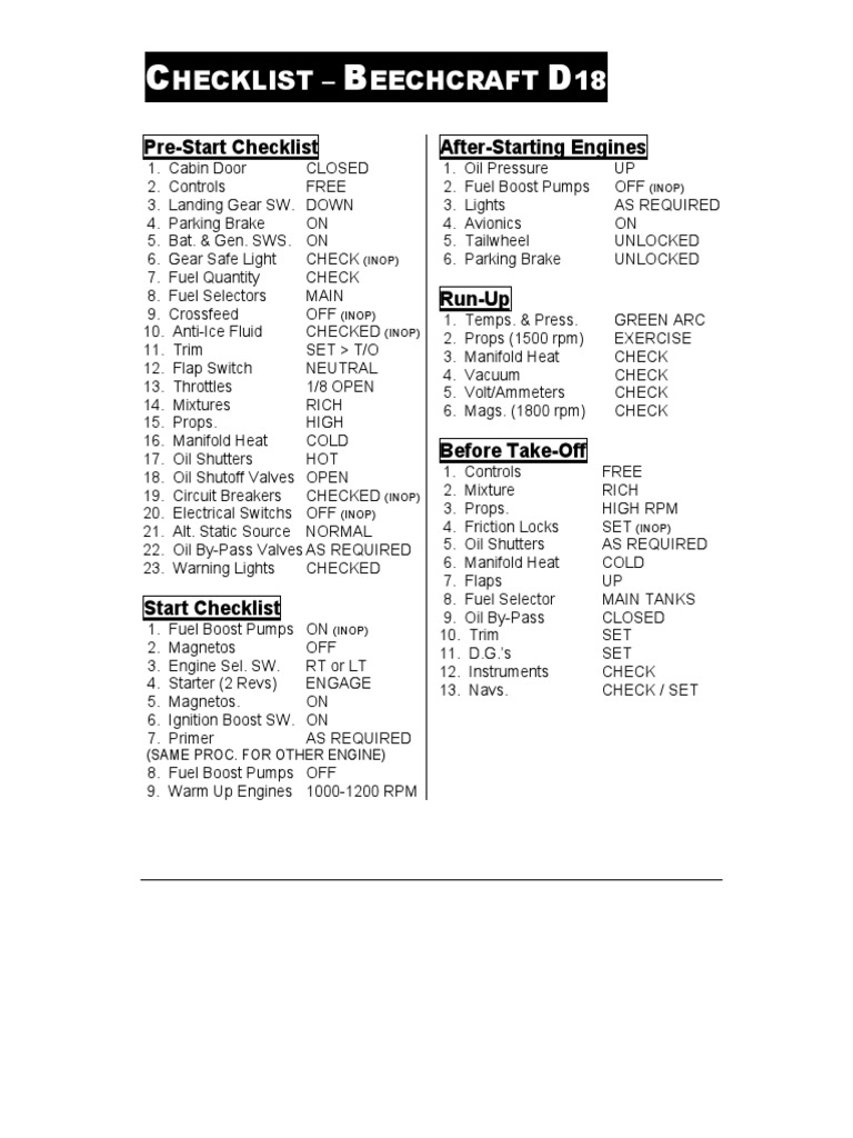Junuz96 Twin Beech Checklist | PDF | Brake | Turbocharger