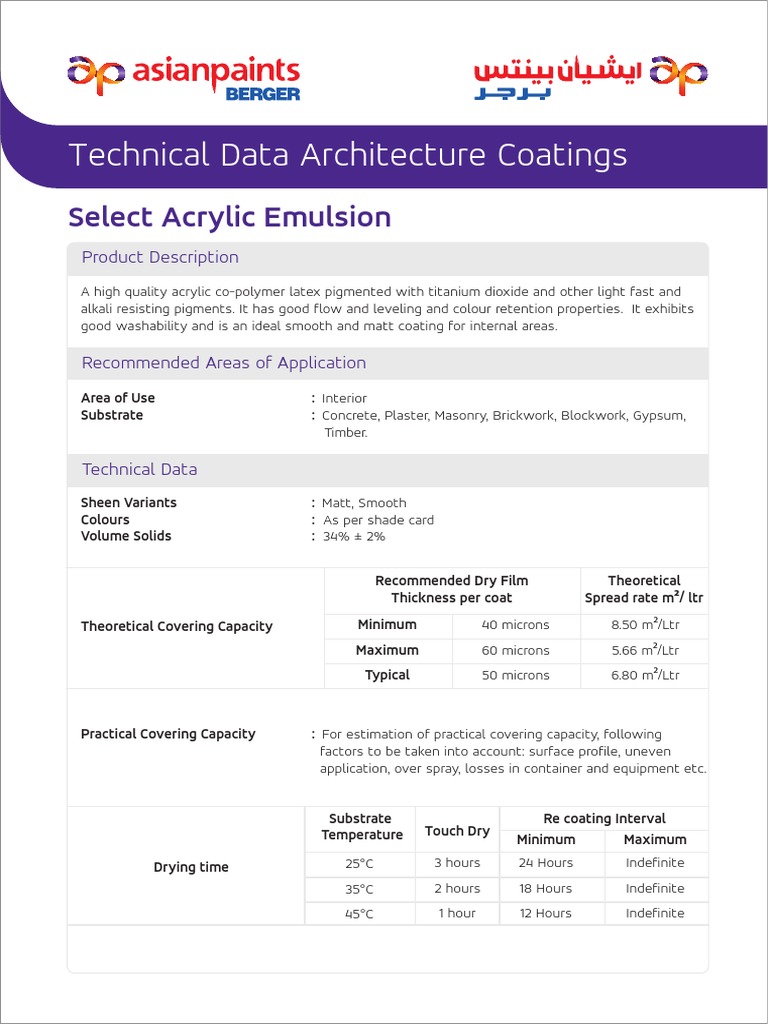 Asian Acrylic Emulsion Paint Data Sheet | PDF | Acrylic Paint | Water
