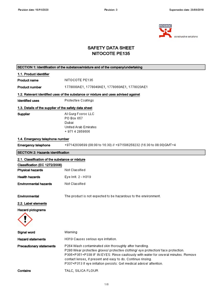 Nitocote PE135 Safety Data Sheet | PDF | Toxicity | Working Conditions