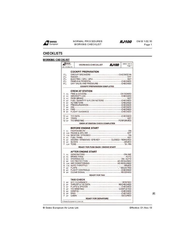 RJ100 Normal Procedures Checklist | PDF | Science & Mathematics