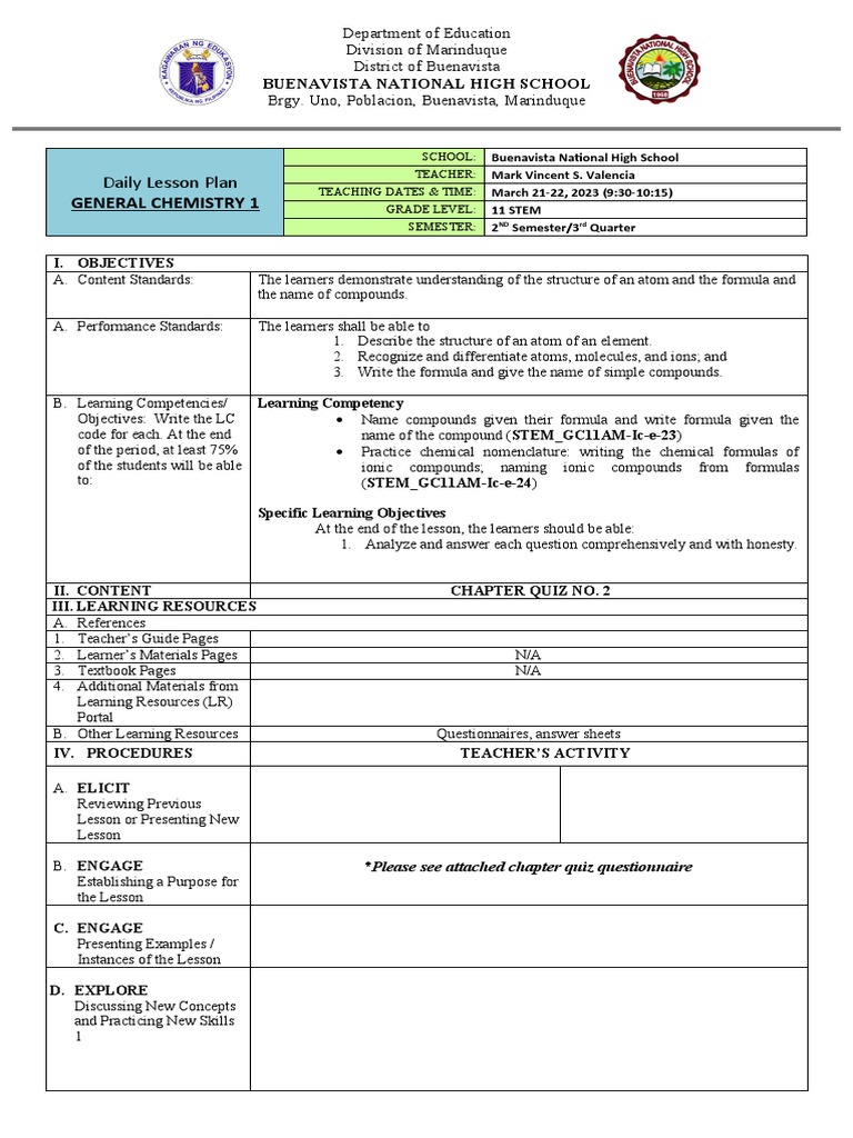 Lesson Plan General Chemistry | PDF | Chemical Compounds | Learning