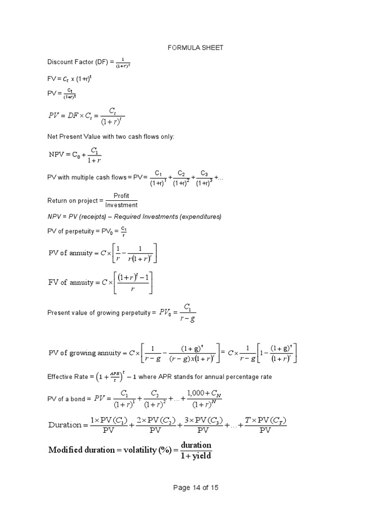 Formula Sheet Finance | PDF | Net Present Value | Mathematical Economics