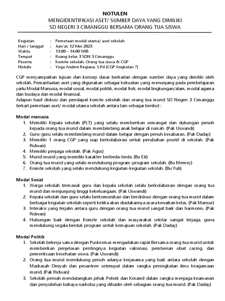 Notulen Pemetaan Aset (Orang Tua Siswa) Pi-6 | PDF