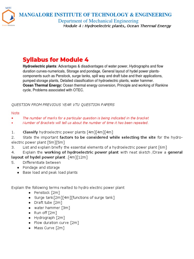 Module 4 Notes 18ME81 | PDF | Dam | Hydroelectricity