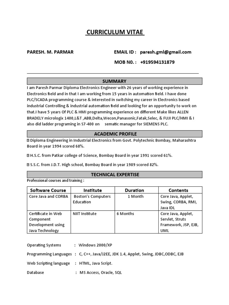 Paresh Updated Resume May2023 | PDF | Java (Programming Language) | Programmable Logic Controller