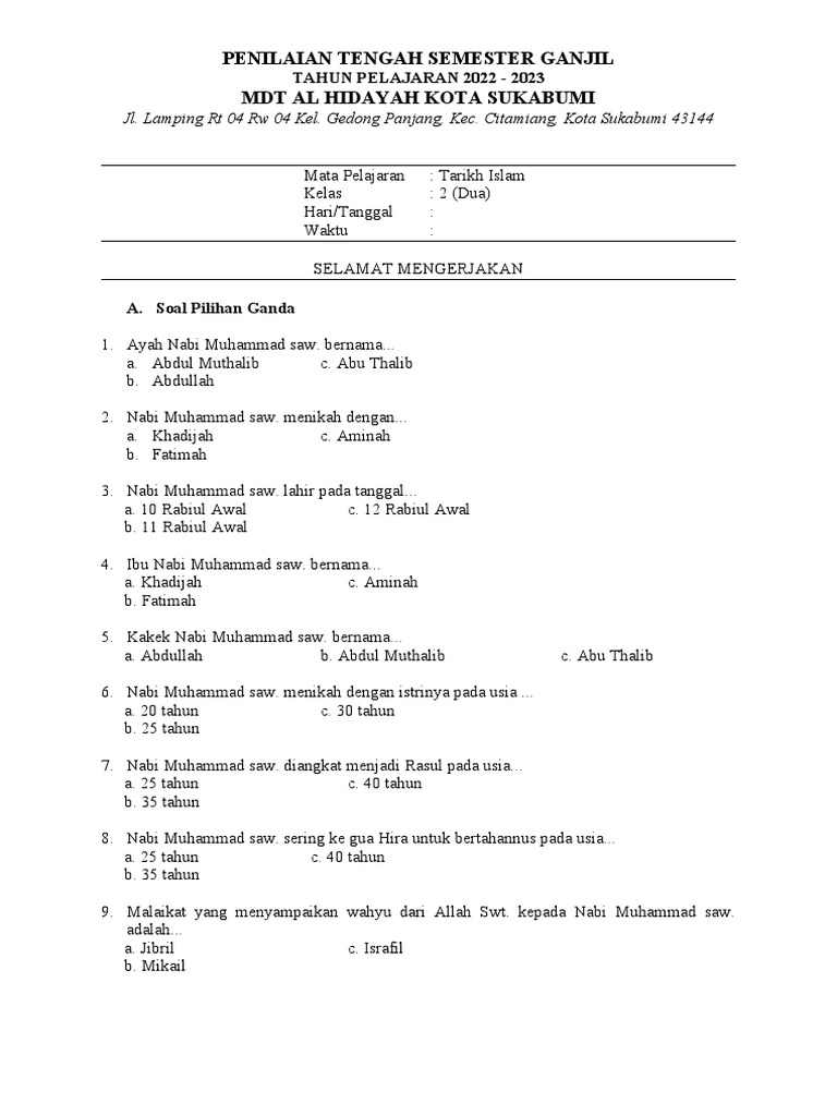 Soal Bahasa Arab Kls 2 MDT Al Hidayah | PDF