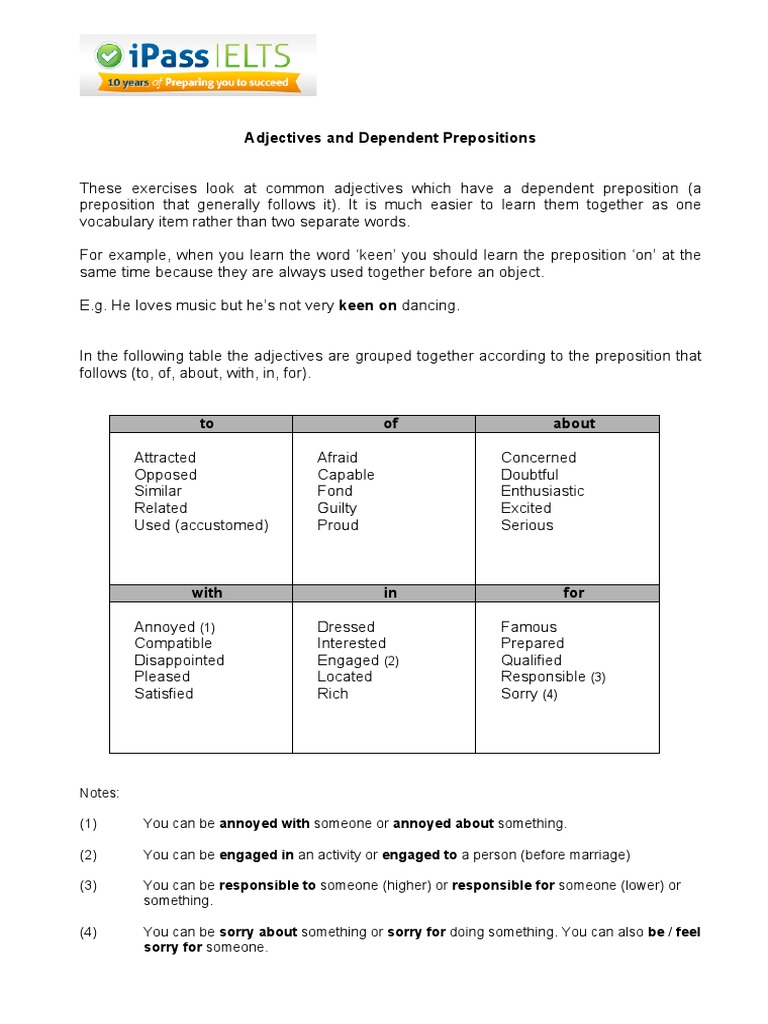 Grammar Adjectives Dependent Prepositions | PDF | Verb | Preposition And Postposition