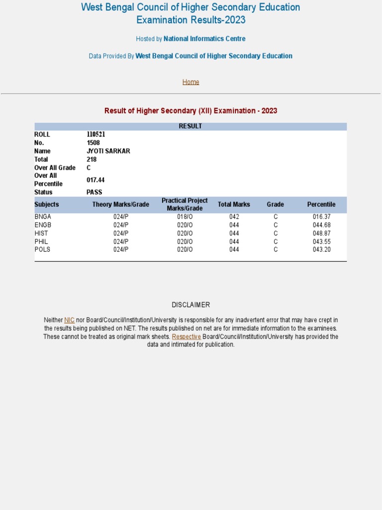West Bengal Council of Higher Secondary Education Results - 2023 | PDF