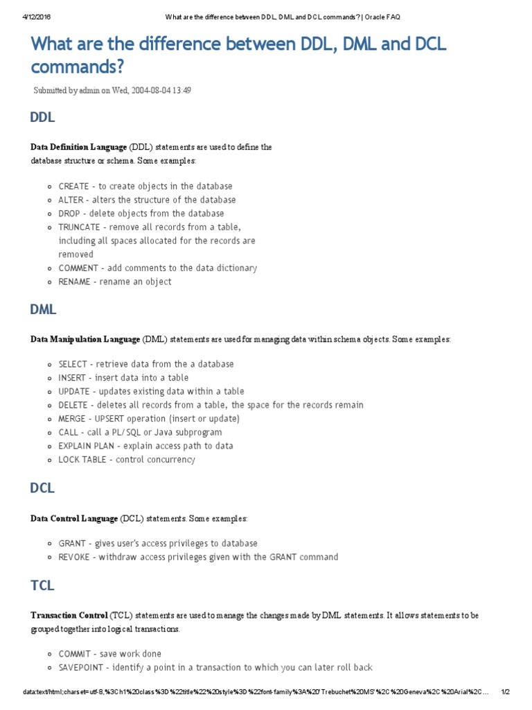 DDL, DML, DCL Command Differences | PDF