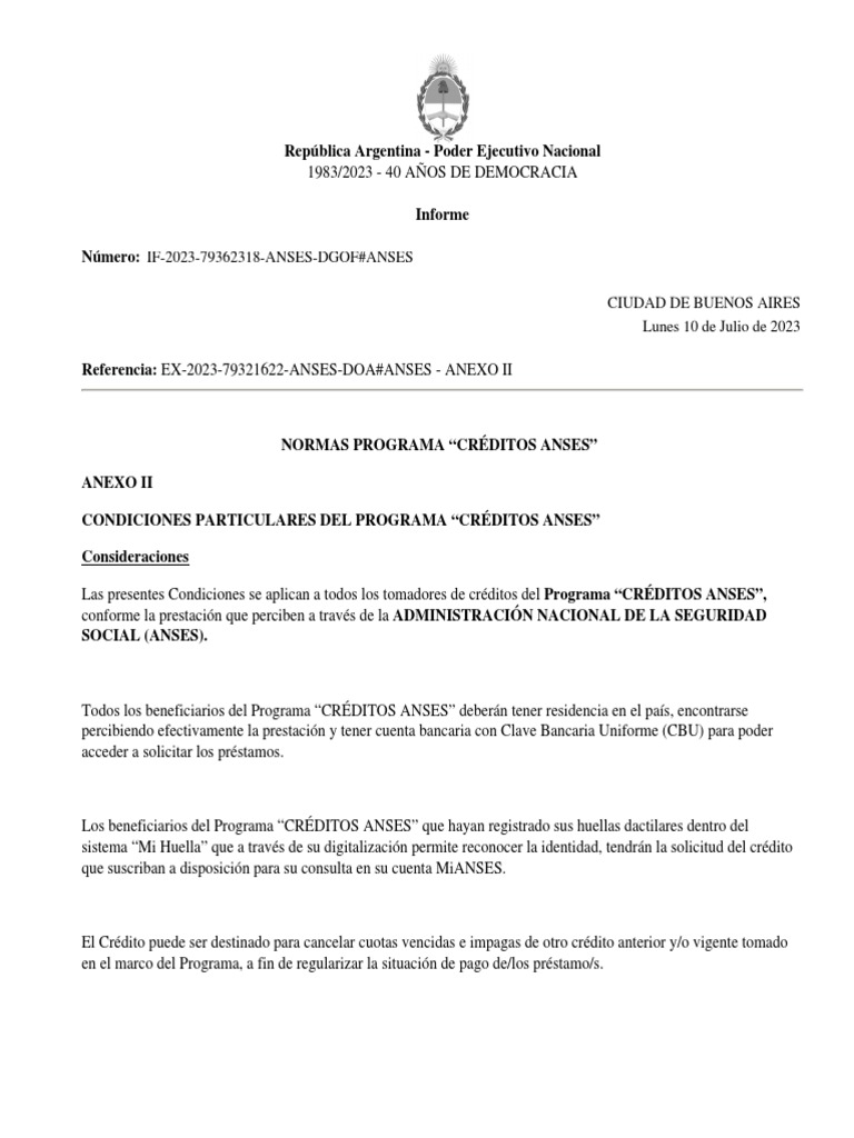 Condiciones Particulares Del Programa "Créditos Anses" | PDF | Crédito ...