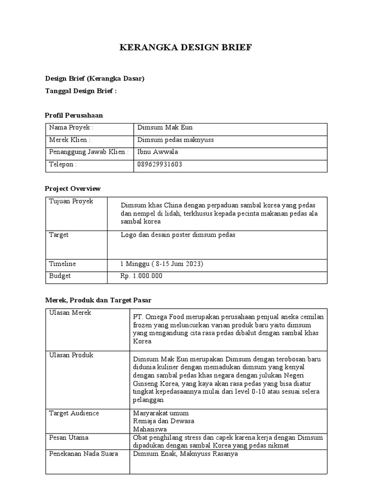 Kerangka Design Brief Dimsum Pedas | PDF
