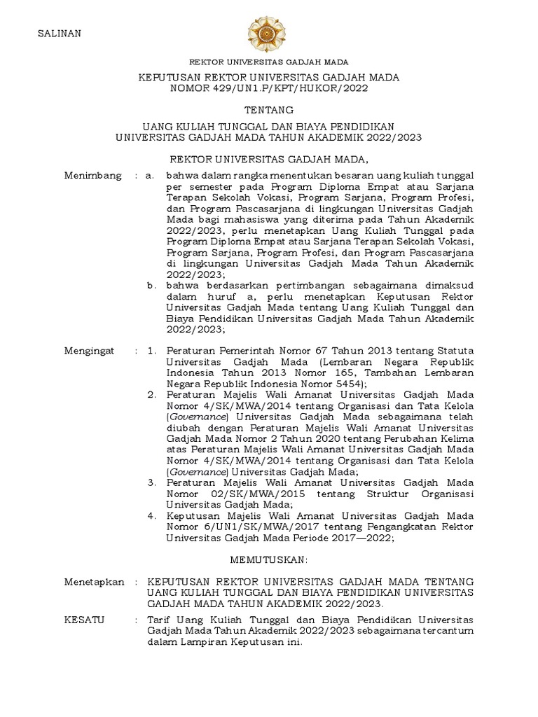 SKR 429 2022 - UANG KULIAH TUNGGAL DAN BIAYA PENDIDIKAN TA 2022 2023 Program Preofesi | PDF