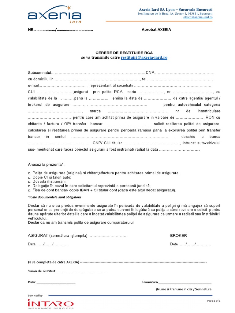 Cerere Restituire RCA AXERIA | PDF