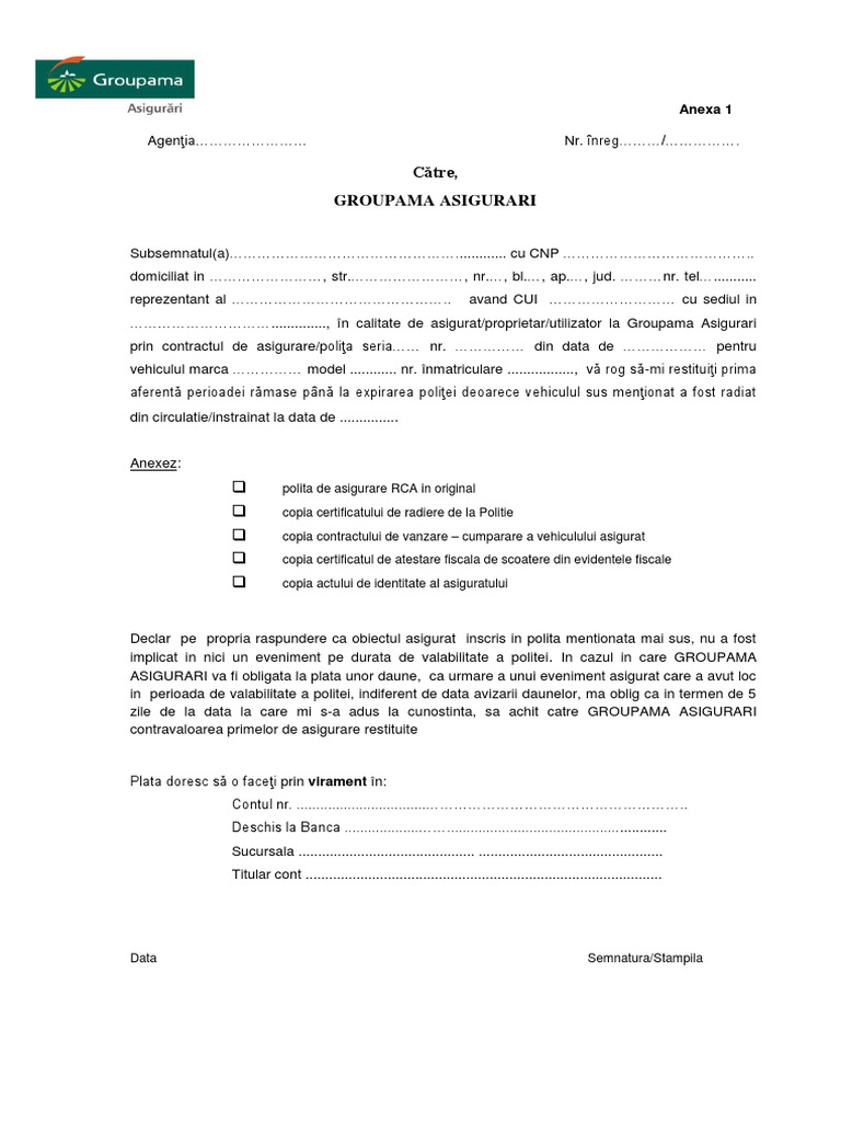 Cerere Restituire Prima Asigurare Rca Groupama | PDF