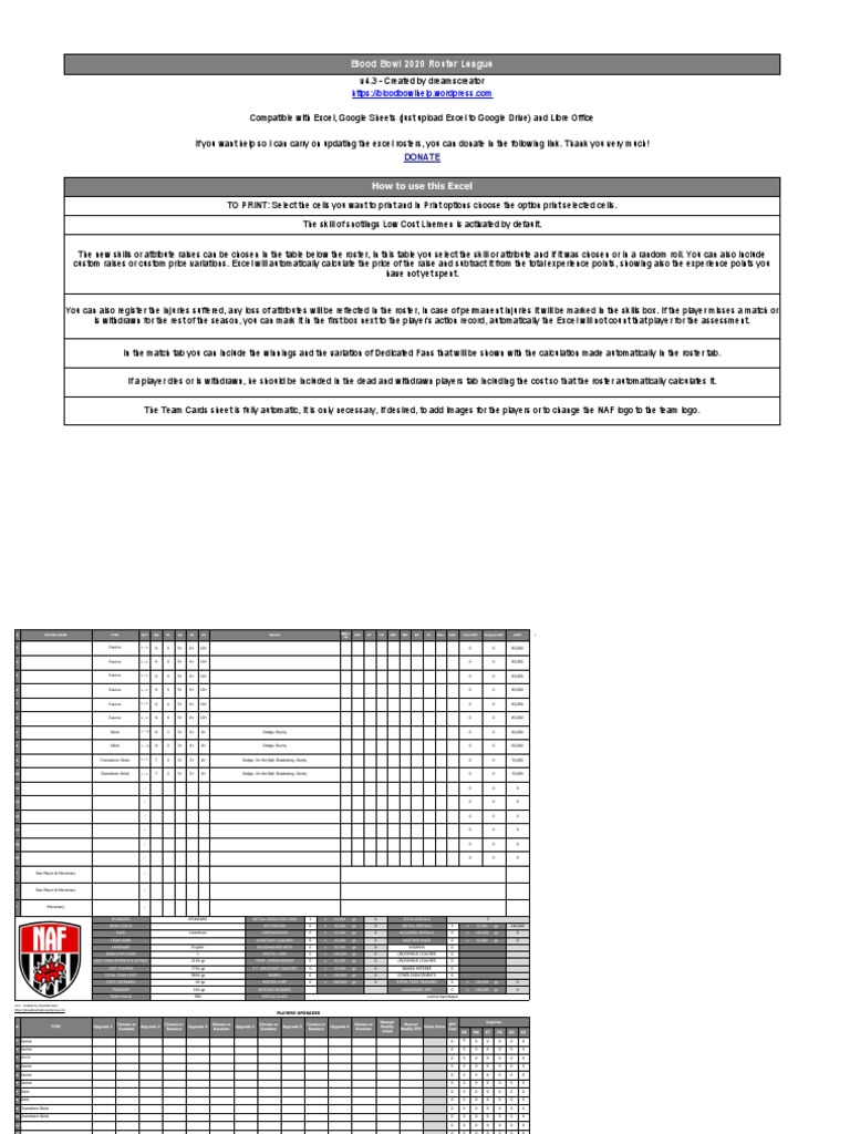 Blood Bowl 2020 Roster League v4.3 | PDF | Microsoft Excel | Software