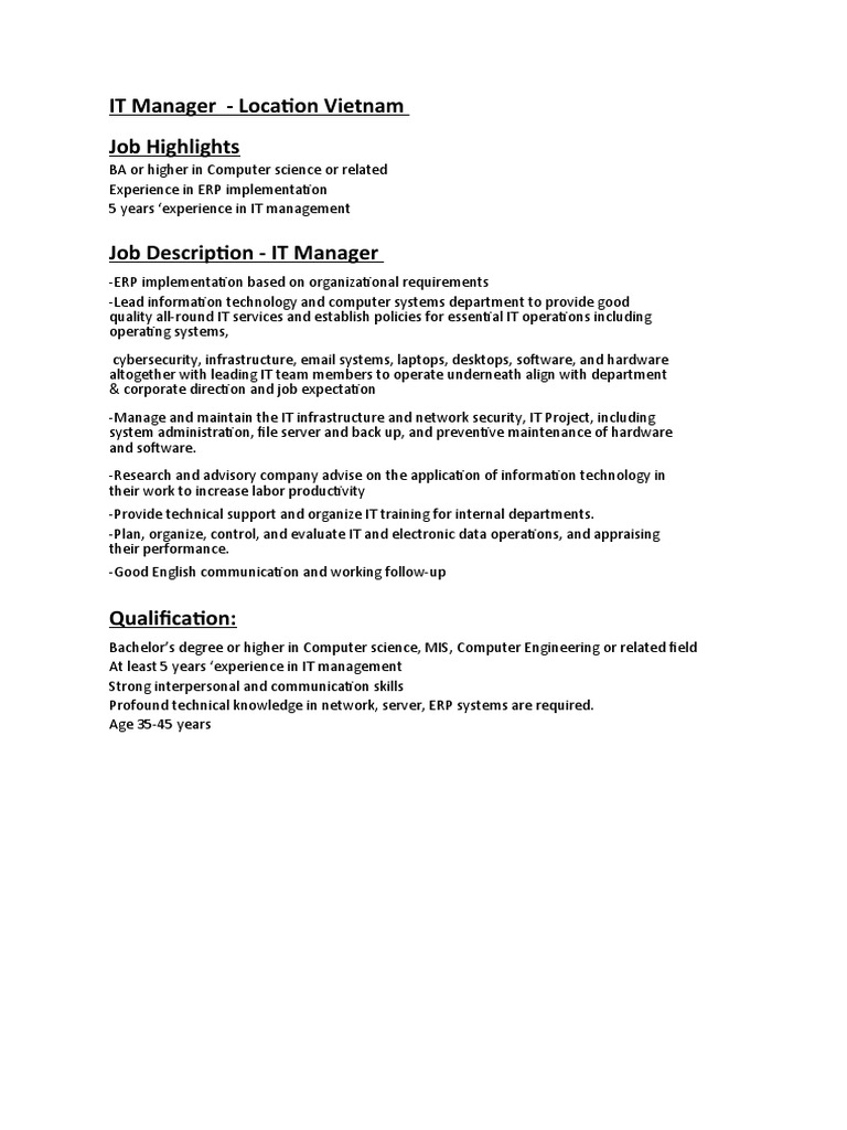Job Description - IT Manager | PDF