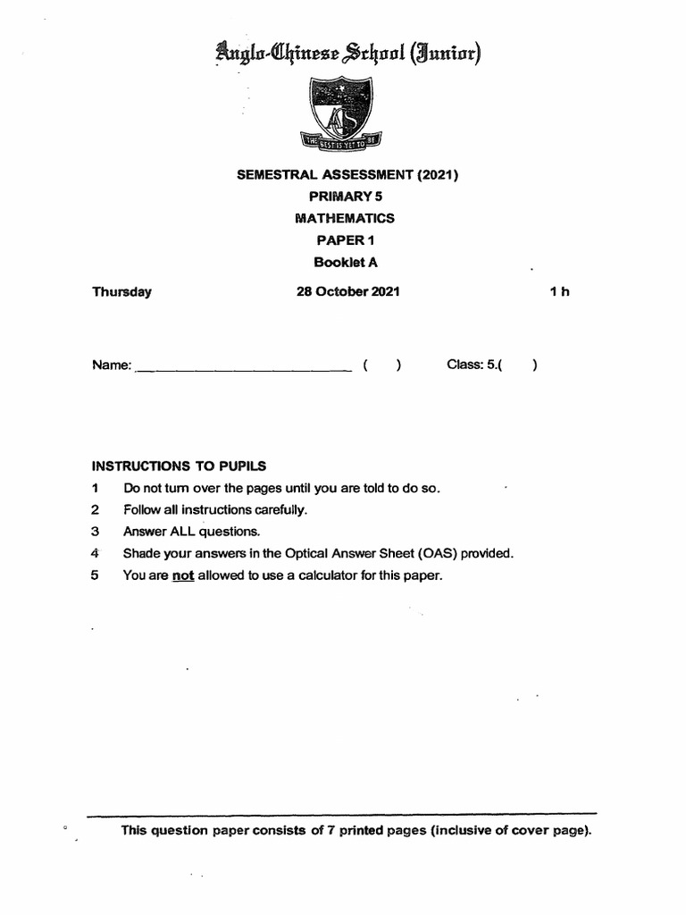 P5 Maths ACS 2021 SA2 Exam Papers | PDF