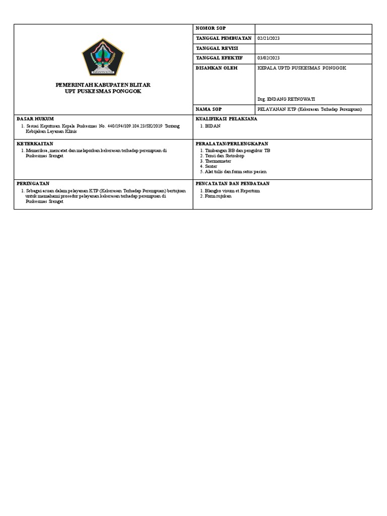 SOP Pelayanan KTP Puskesmas Ponggok | PDF