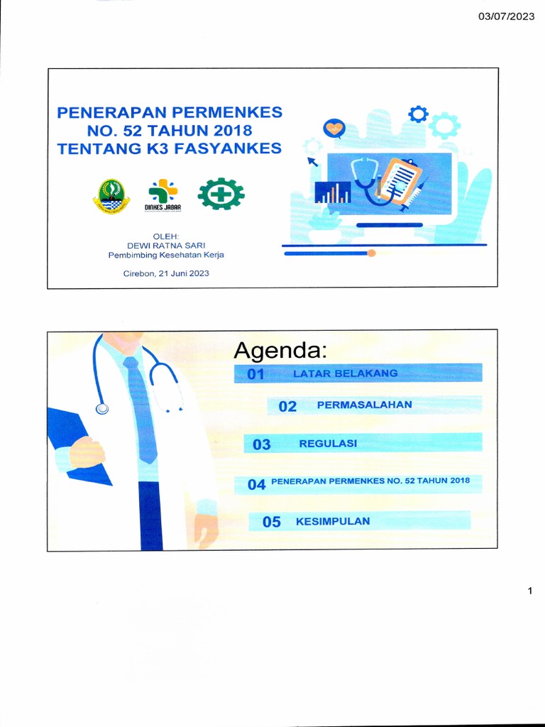 Materi Penerapan Permenkes NO. 52 Tahun 2018 Tentang K3 Fasyankes | PDF