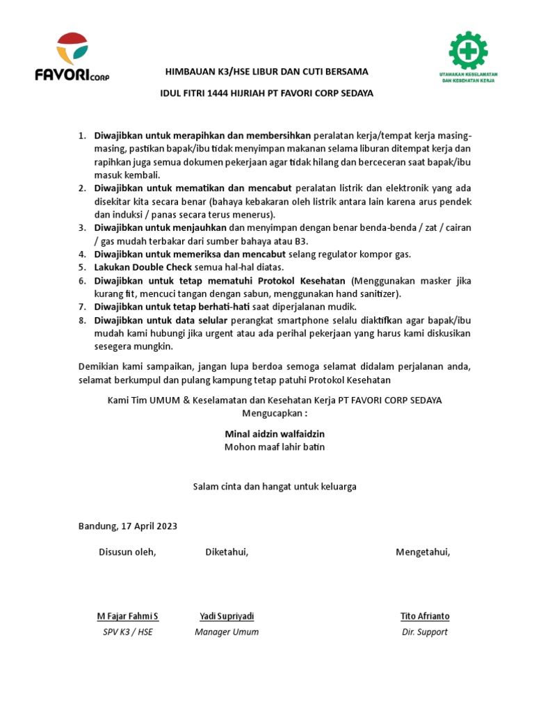 Himbauan K3/HSE Idul Fitri | PDF