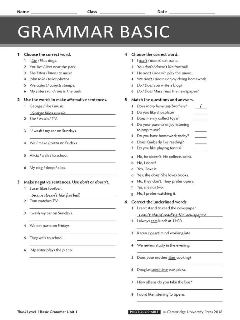 Think - l1 - Unit 1 - Grammar - Basic | PDF