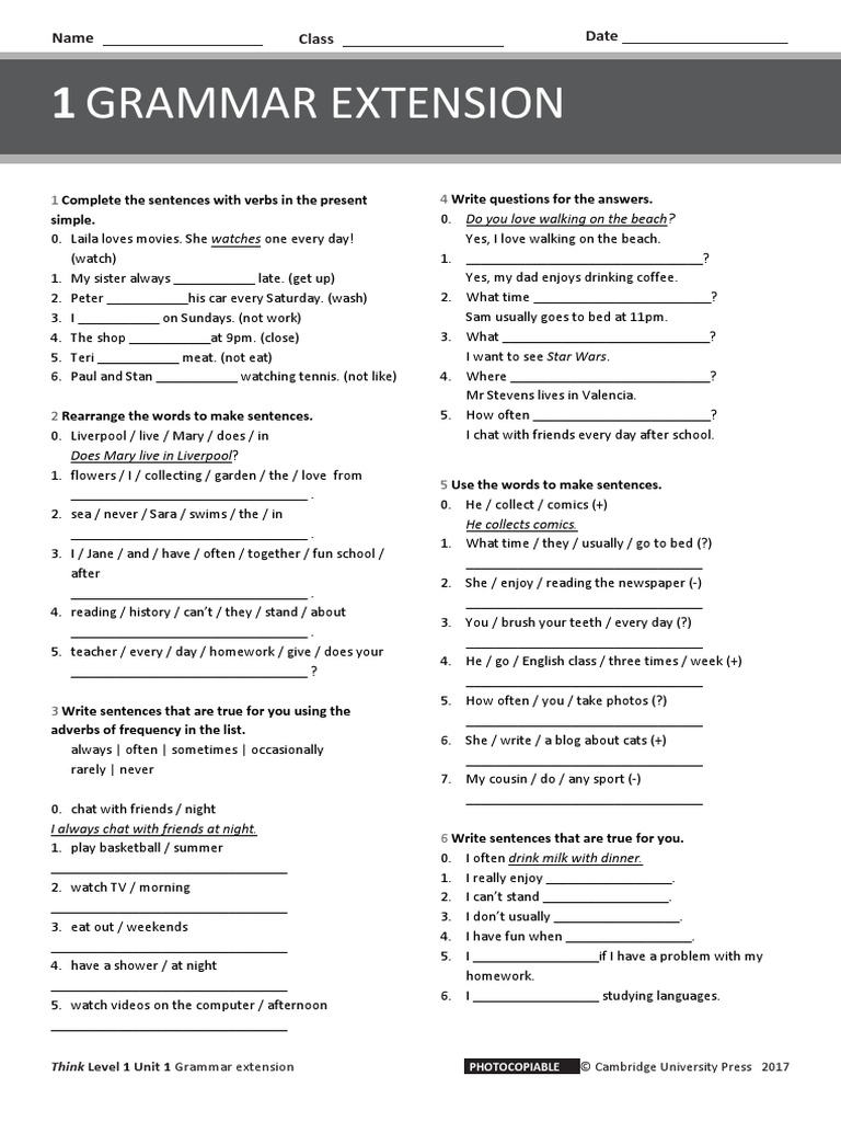 THINK L1 Unit 1 Grammar Extension | PDF | Syntax | Cognitive Science