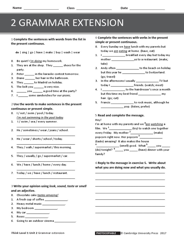 THINK L1 Unit 2 Grammar Extension | Download Free PDF | Lunch | Linguistics