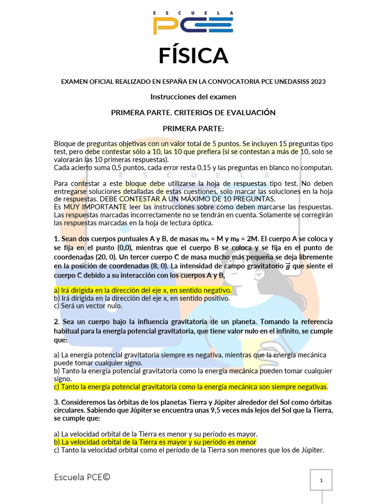 Examen PCE Física 2023 España | PDF | Índice de refracción | Ligero