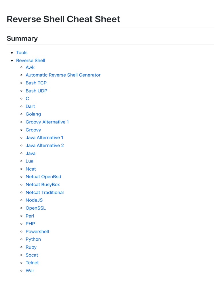 Reverse Shell Cheat Sheet Pdf Shell Computing Operating System Technology