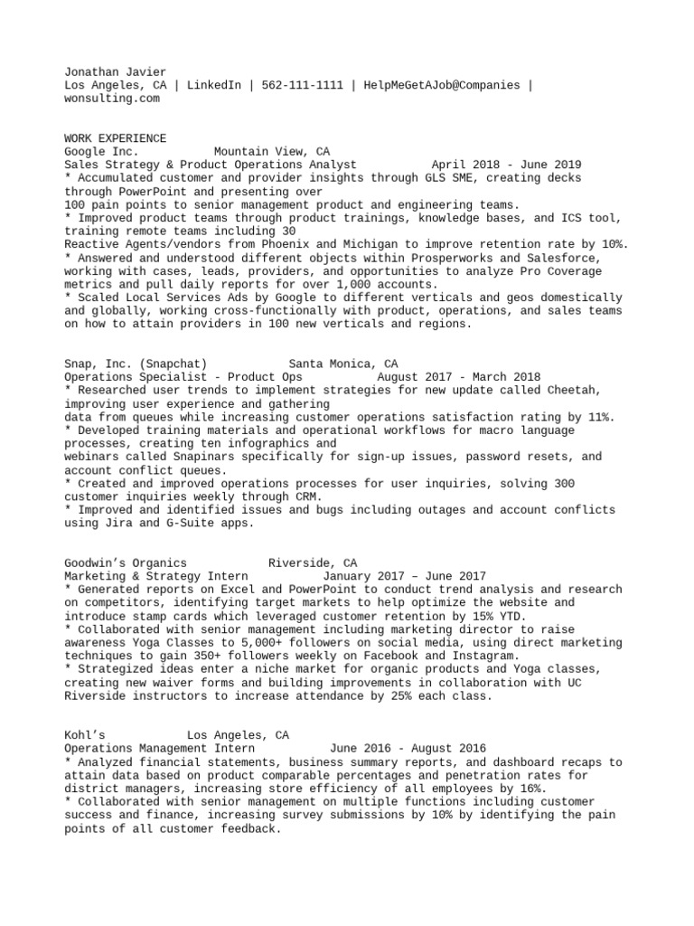 Jonathan Javier Resume (Professional) | PDF | Customer Relationship ...
