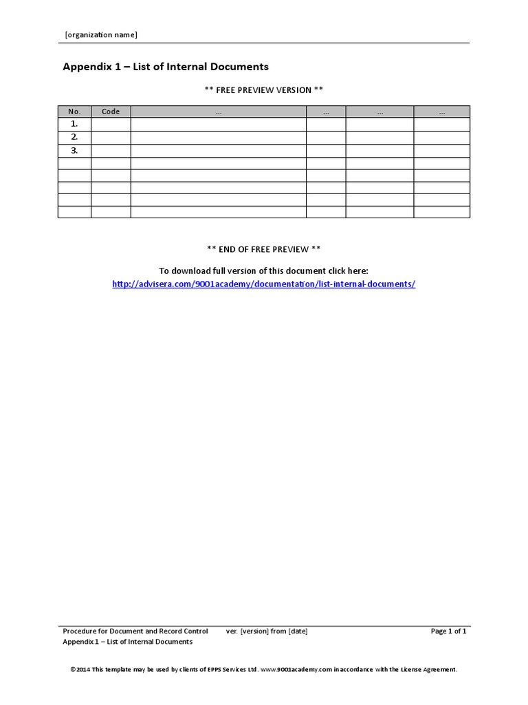 03.1 Appendix 1 List of Internal Documents Preview en | PDF