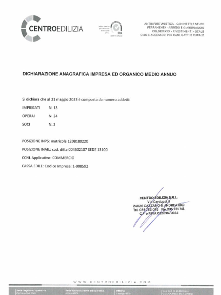 Dichiarazione Anagrafica Impresa Ed Ordanico Medio Annuo Al 31.05.2023 ...