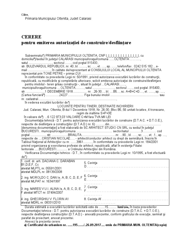 Cerere Pentru Eliberarea Autorizatiei de Construire 2014 | PDF